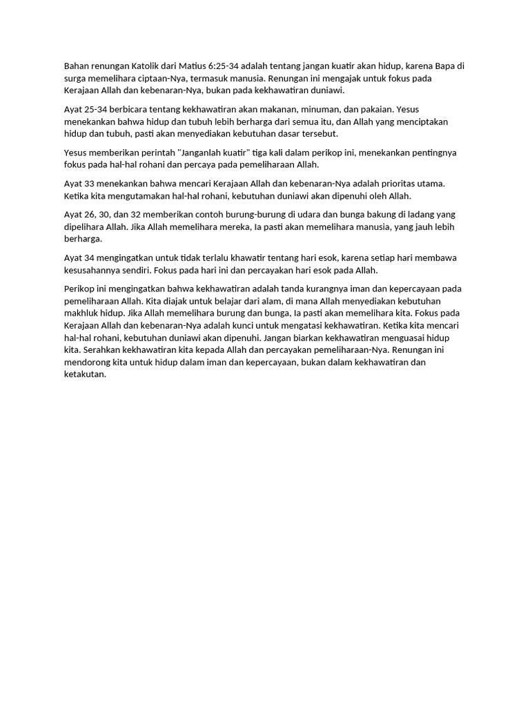 Bahan Renungan Katolik Dari Matius 6 | PDF
