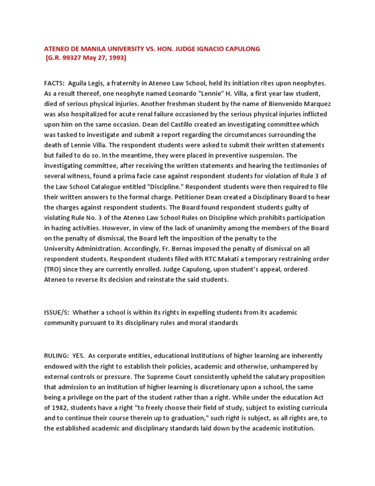 Ateneo de Manila University vs. Hon. Judge Ignacio Capulong: The ...