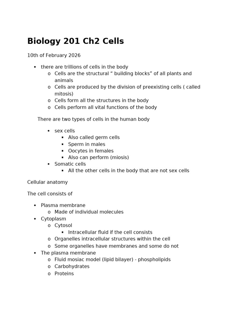Chapter 2 Cells Biology 201 Notes | PDF | Cell (Biology) | Cell Membrane