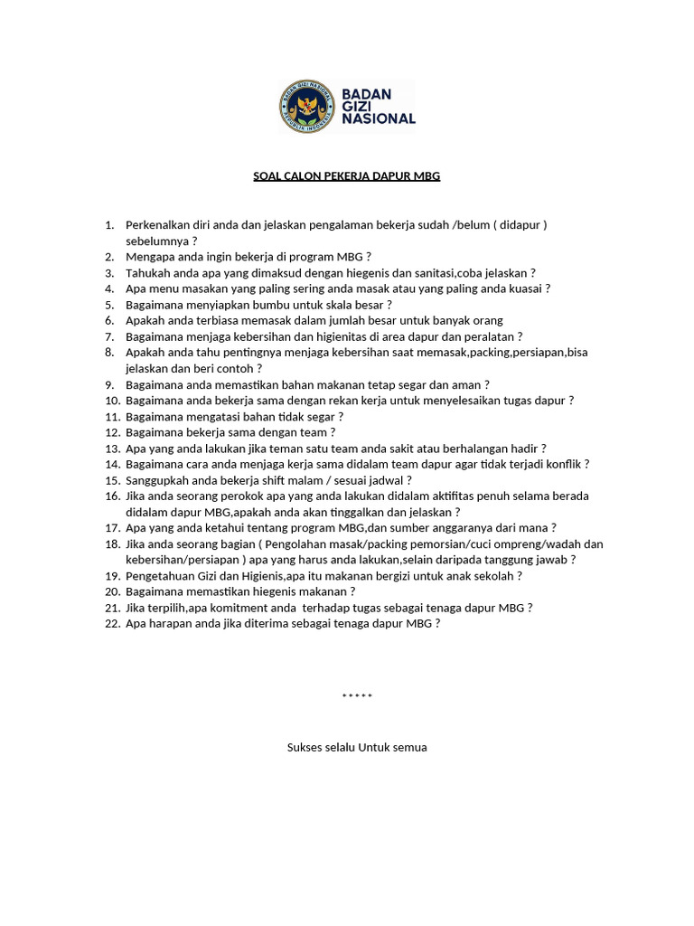 Soal Calon Pekerja Dapur MBG | PDF
