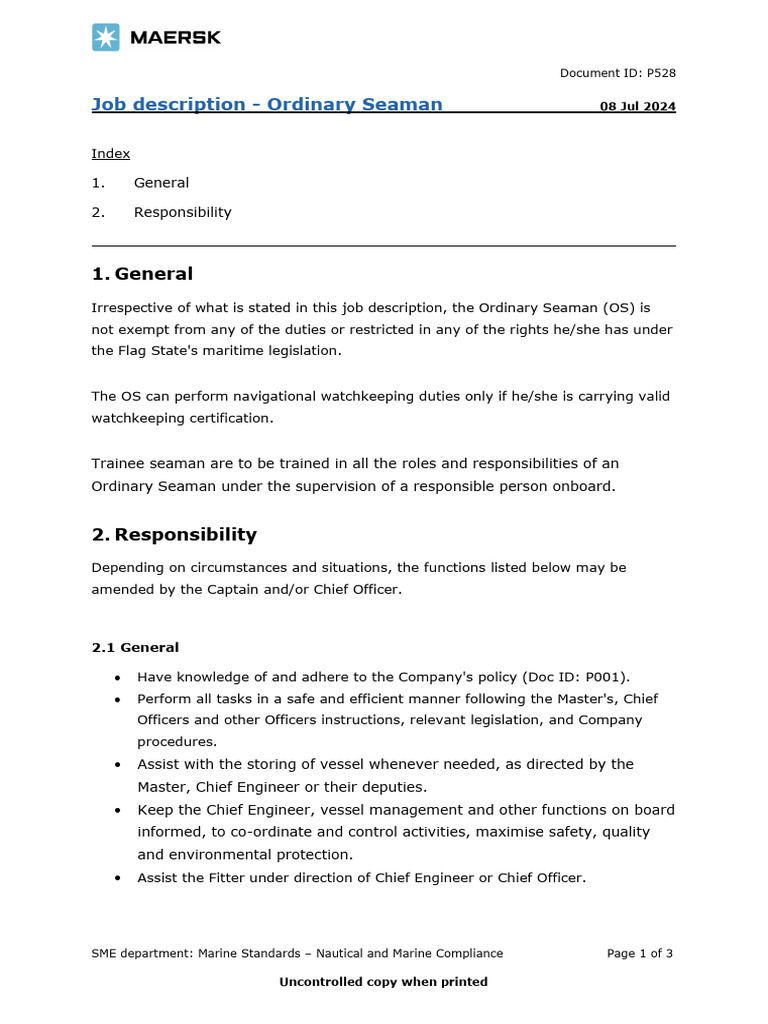 Job Description - Ordinary Seaman | PDF | Sailor | Navigation