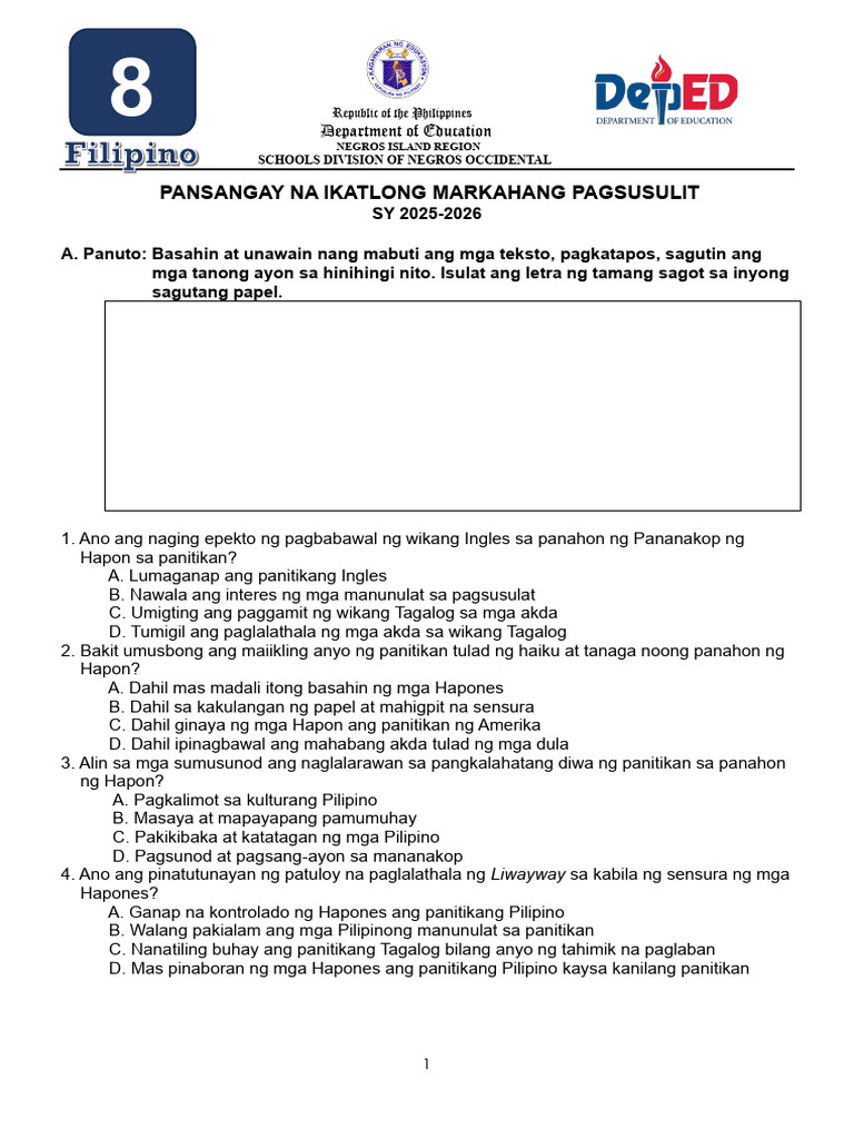 FILIPINO 8 - Ikatlong Markahang Pagsusulit | PDF