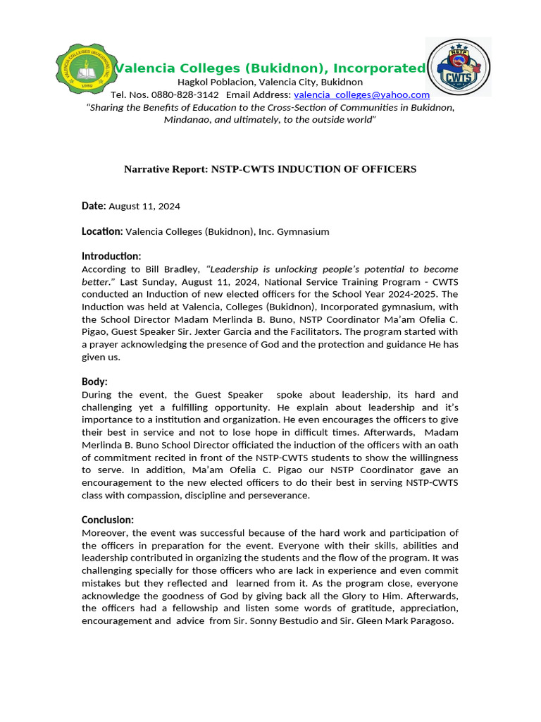 Narrative Report Nstp-Ched | PDF | Leadership