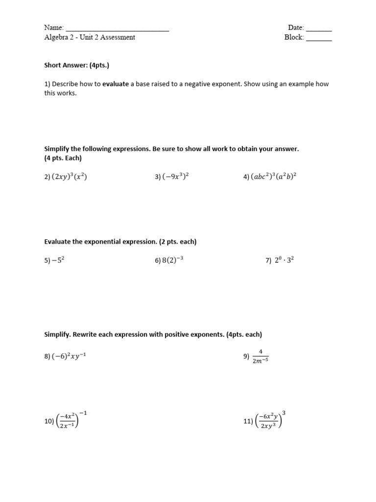 Algebra2A - Unit 2 Assessment | PDF
