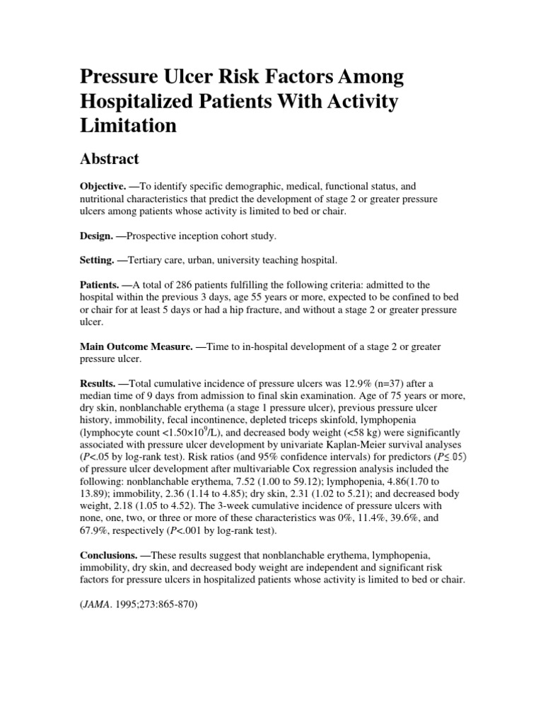 Pressure Ulcer Risk Factors Among Hospitalized Patients With Activity ...