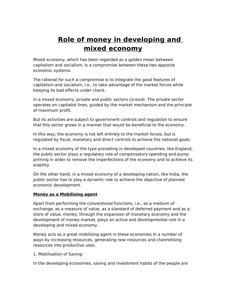 Role of Money in Developing and Mixed Economy | PDF | Deficit Spending ...