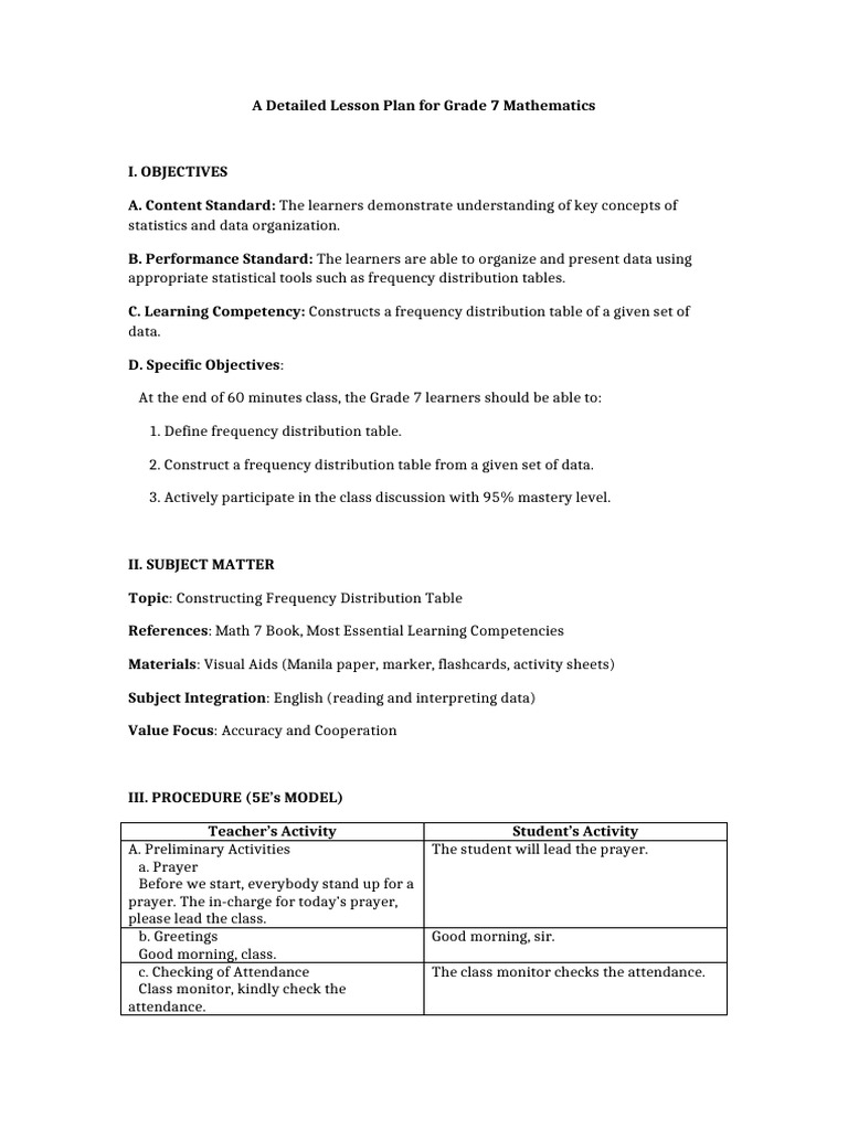 Detailed Lesson Plan For Mathematics 7 5ES Model | PDF