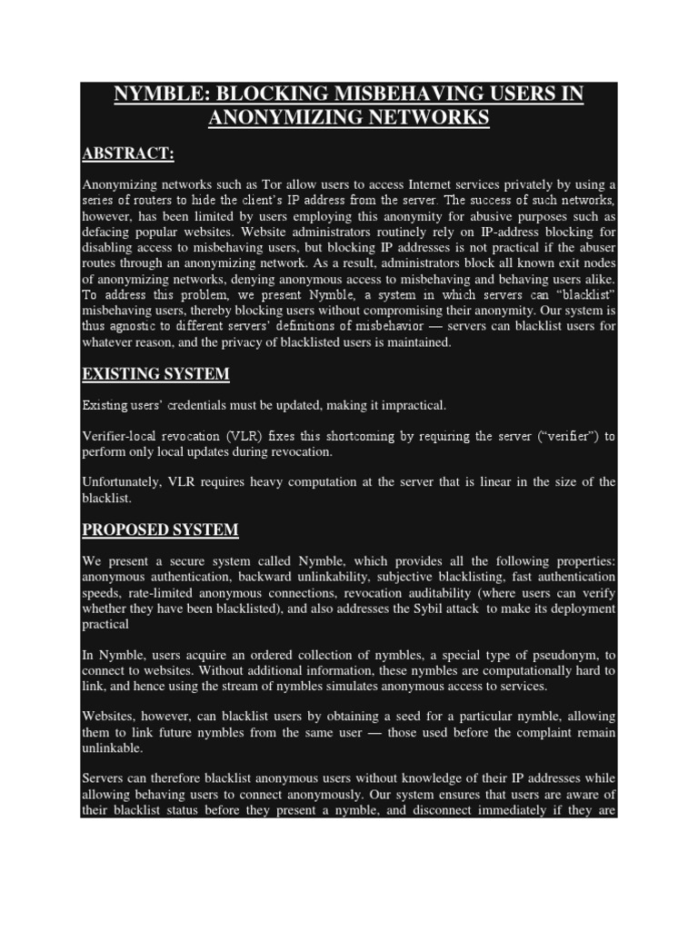 Nymble: Blocking Misbehaving Users in Anonymizing Networks: Abstract | PDF | Tor (Anonymity ...