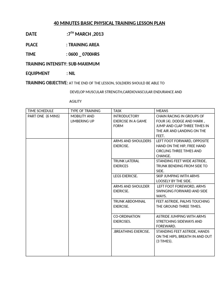 40 Minutes Basic Physical Training Lesson Plan | PDF | Physical Fitness ...