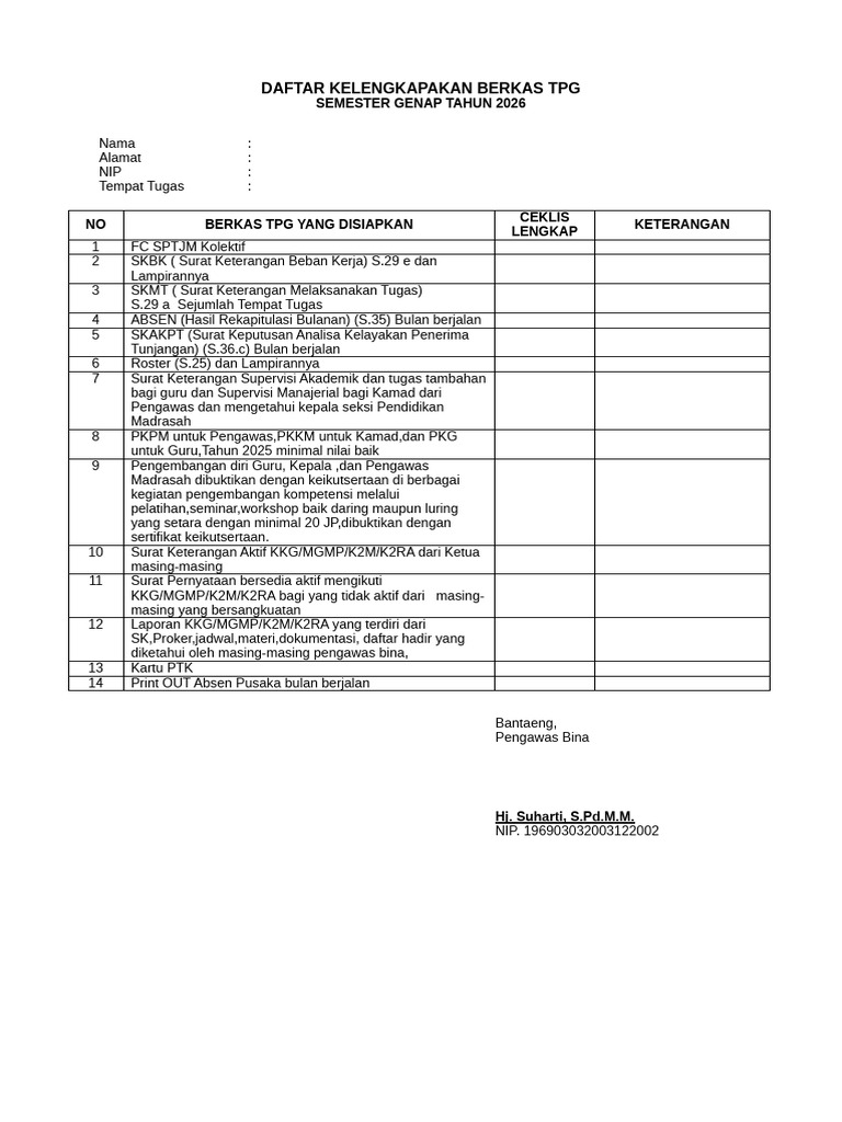 Daftar Kelengkapan Berkas TPG 2026 | PDF