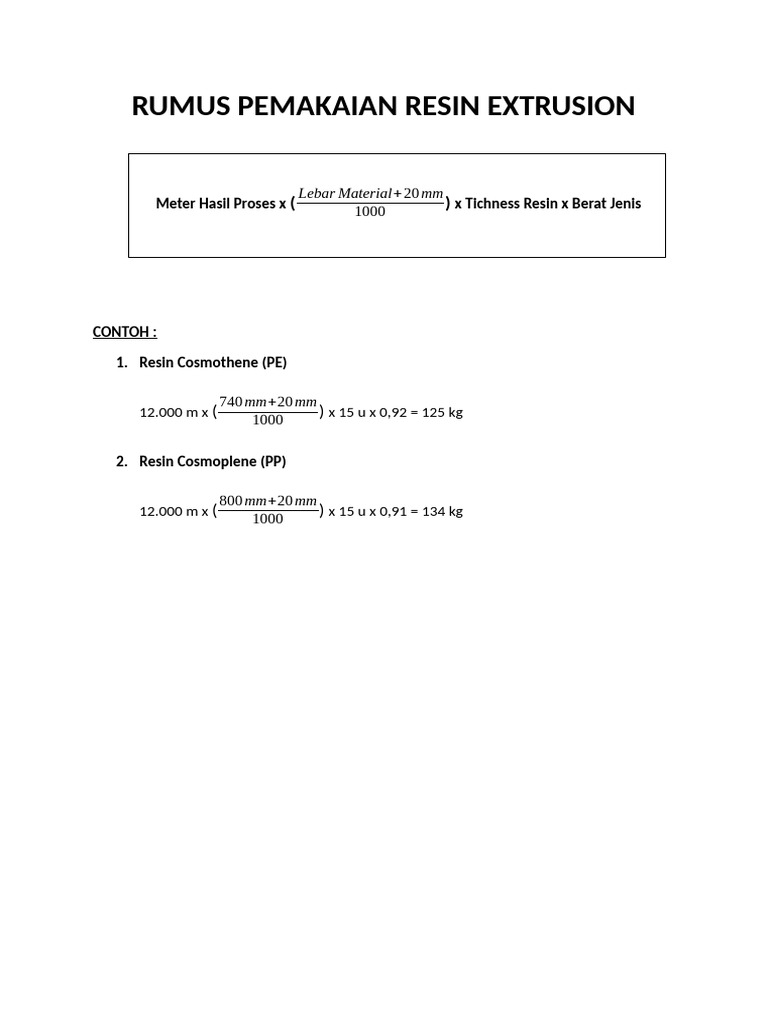 Rumus Pemakain Resin Extrusion | PDF