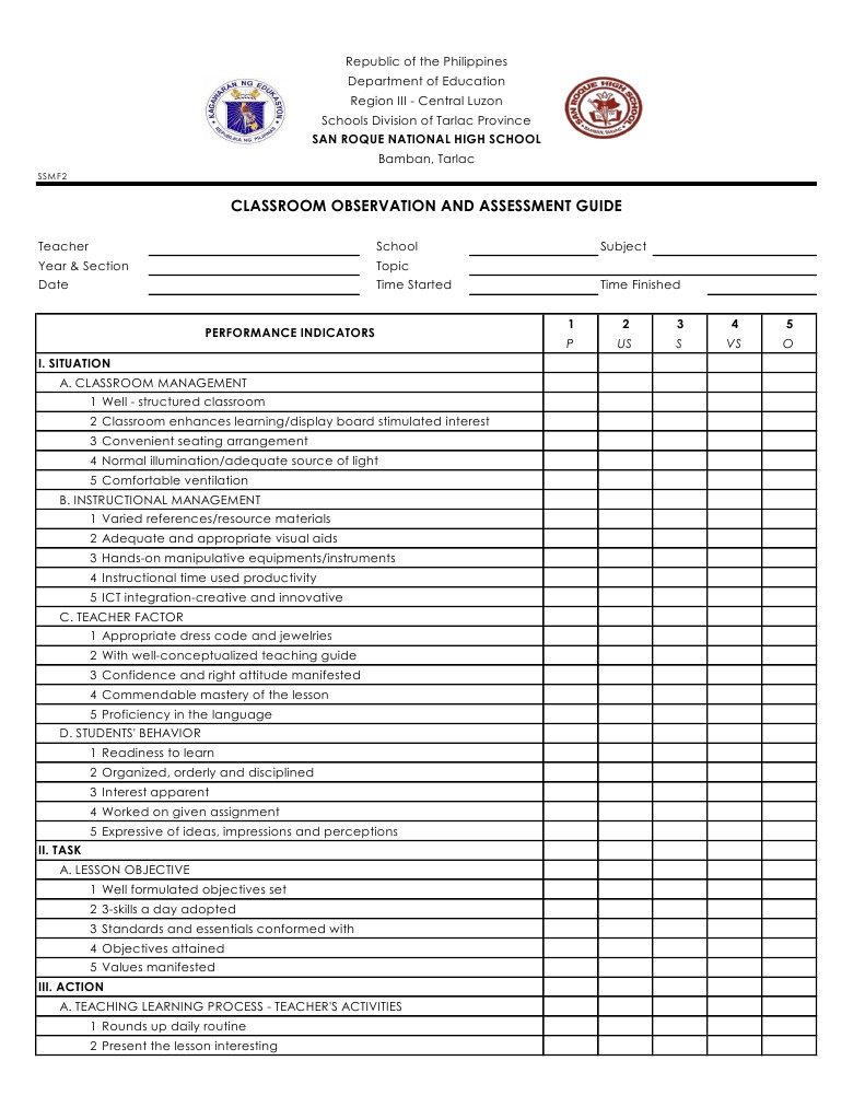 Classroom Observation and Assessment Guide: San Roque National High ...