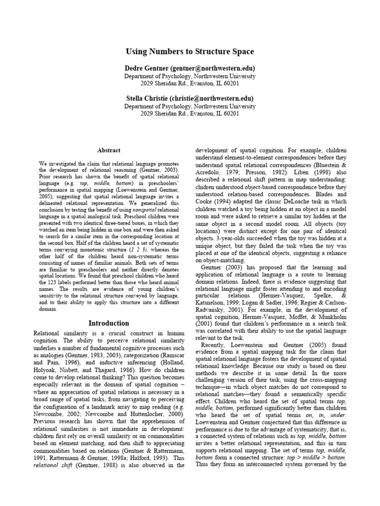 Using Numbers To Structure Space: Dedre Gentner (Gentner@northwestern ...