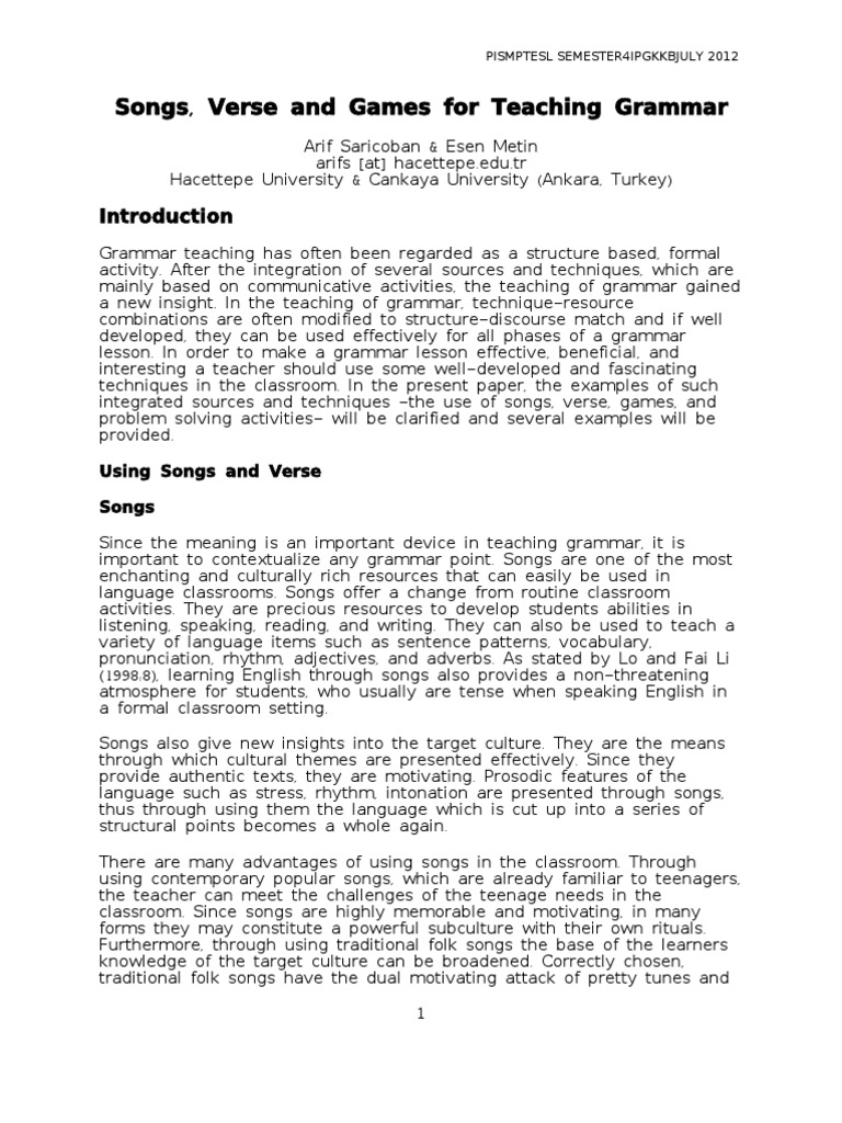 Teaching Grammar through Songs and Poems | PDF | Poetry | Teachers