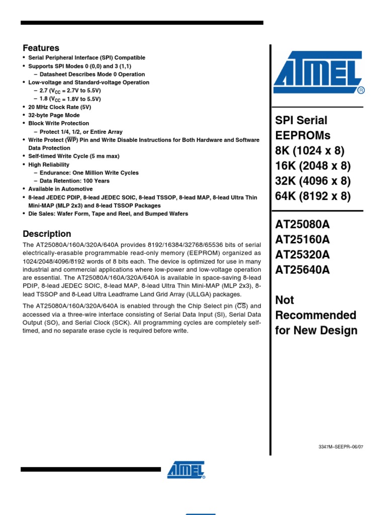 SPI Serial Eeproms 8K (1024 X 8) 16K (2048 X 8) 32K (4096 X 8) 64K (8192 X 8) AT25080A AT25160A ...