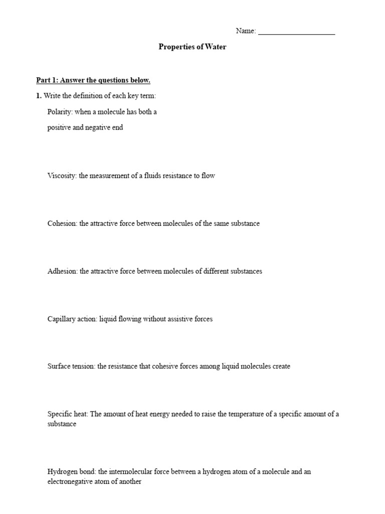 Properties+of+Water+ +worksheet | PDF | Properties Of Water | Water