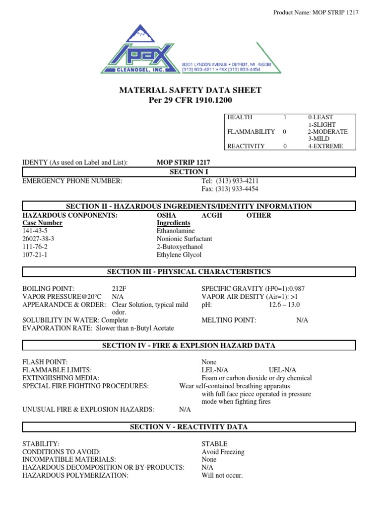 Mop Strip 1217 MSDS | PDF | Chemistry | Materials