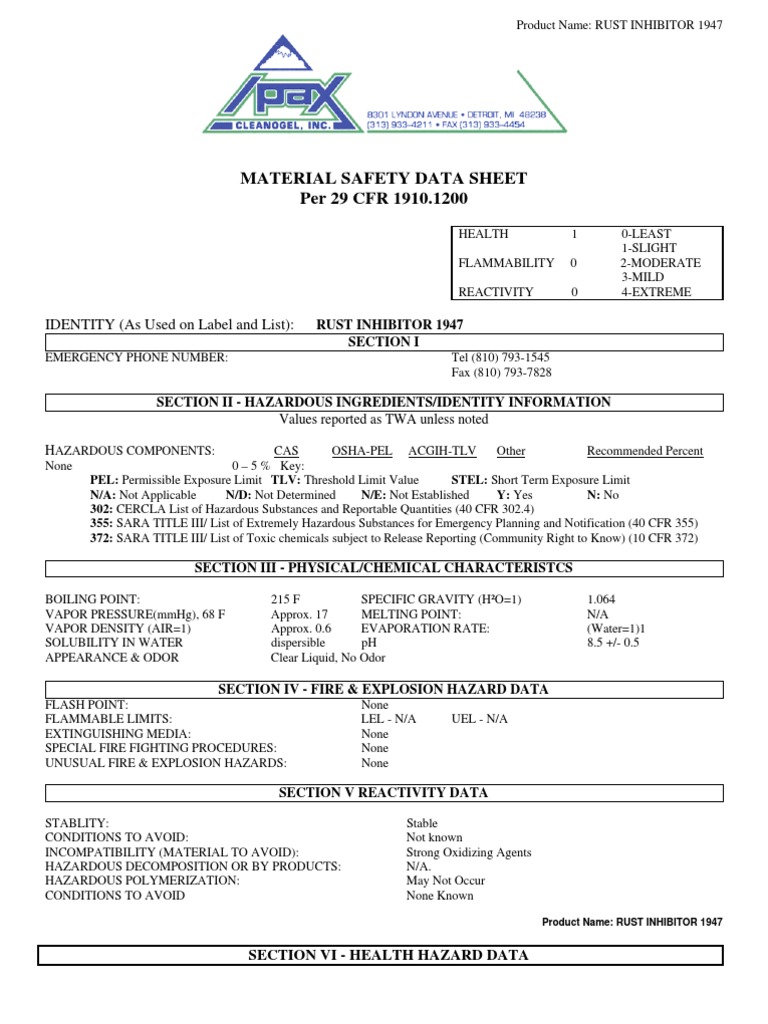 Rust Inhibitor 1947 MSDS | PDF | Safety | Chemistry
