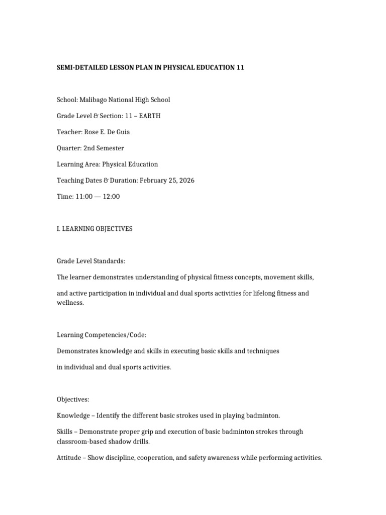 PE11 Badminton Lesson Plan With Rubrics | PDF | Physical Education ...