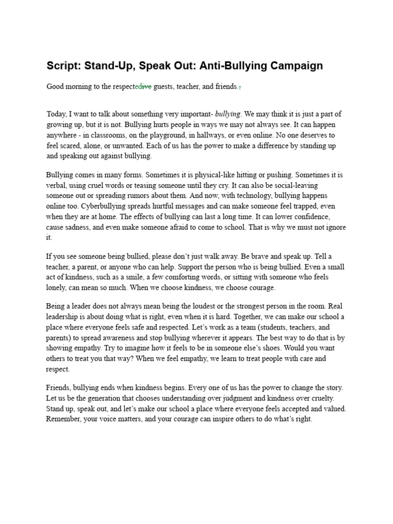 Script - Stand-Up, Speak Out - Anti-Bullying Campaign | PDF