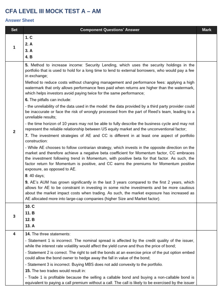 CFA Level III Mock Test A - AM Answer Sheet | PDF