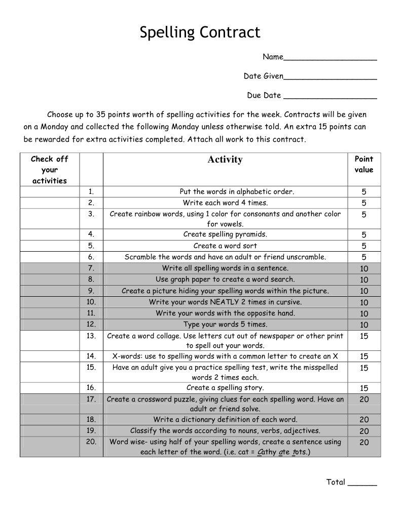 Weekly Spelling Contract Activities | PDF | Foreign Language Studies