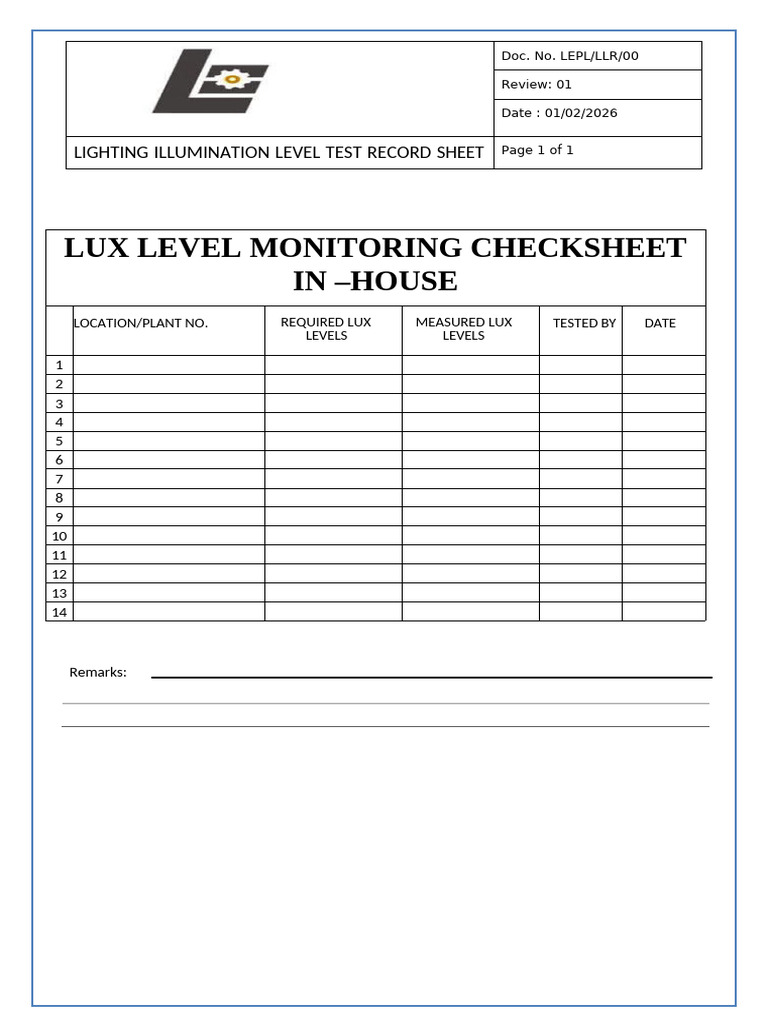 IMS 467-QTR - Lighting Illumination Level Test Record Sheet Rev01 | PDF