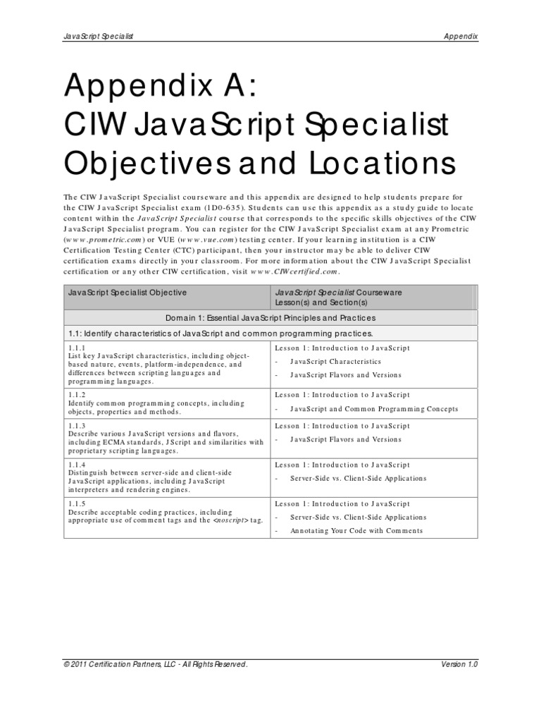 Appendix A: Ciw Javascript Specialist Objectives and Locations | PDF | Ajax (Programming) | Java ...
