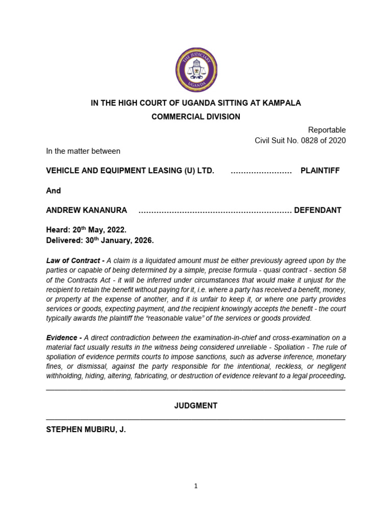 Vehicle and Equipment Leasing (U) LTD V Andrew Kananura 2026 UGCommC 27 ...