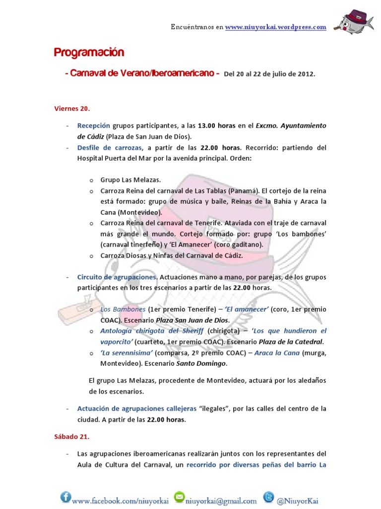 Programa - Carnaval de Verano / Iberoamericano. | PDF | Carnaval | Prestado