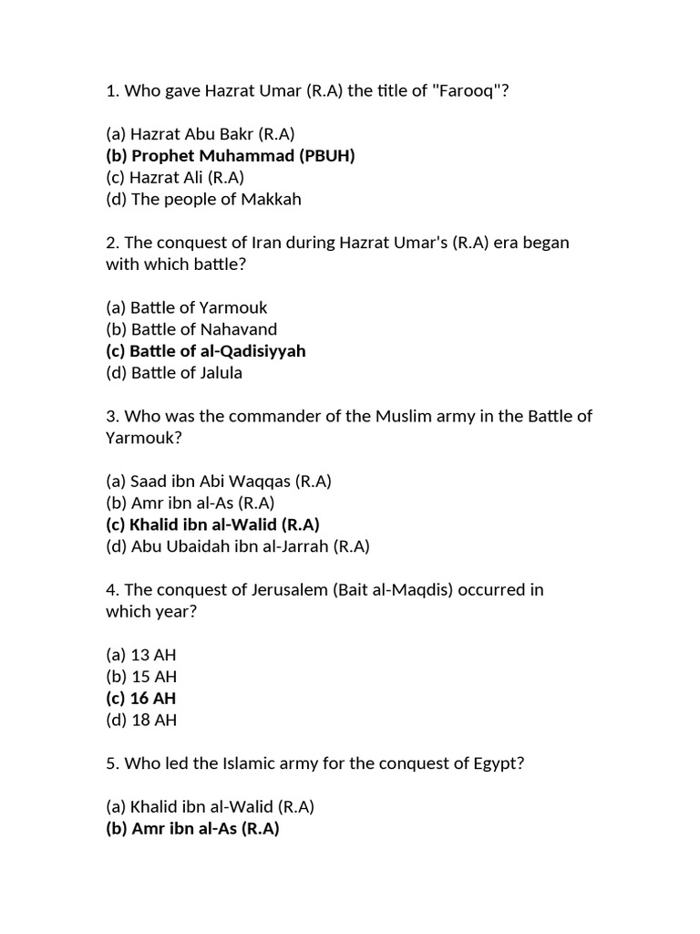 2nd Test Key of Islamiyat | PDF | Umar | Early Middle Ages