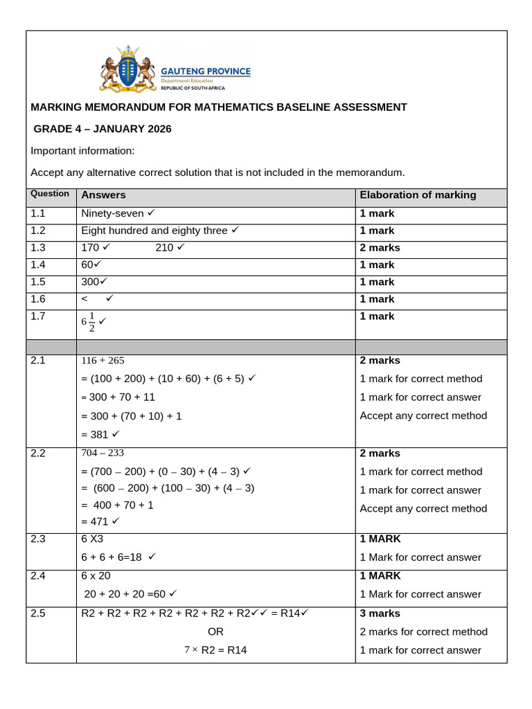 Grade 4 Memorandum For Baseline Assessment Term 1 (2026) | PDF