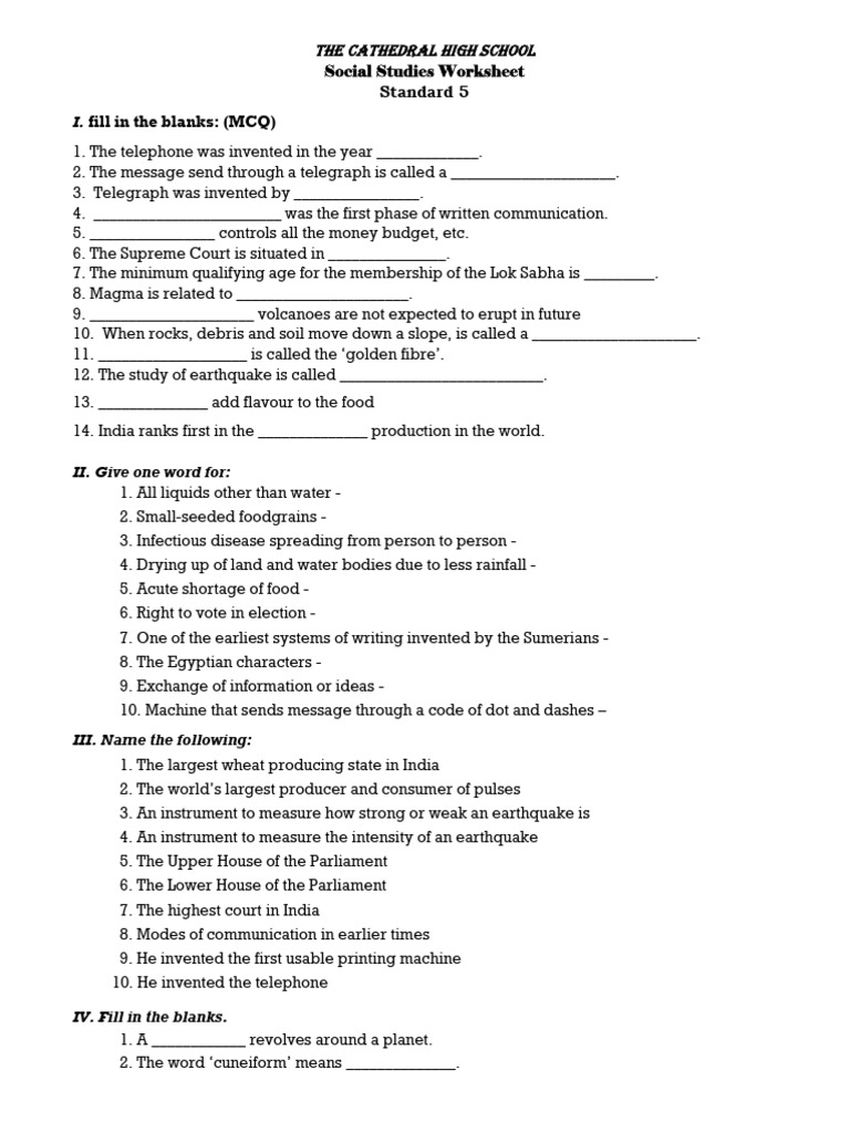 Social Studies Worksheet | PDF