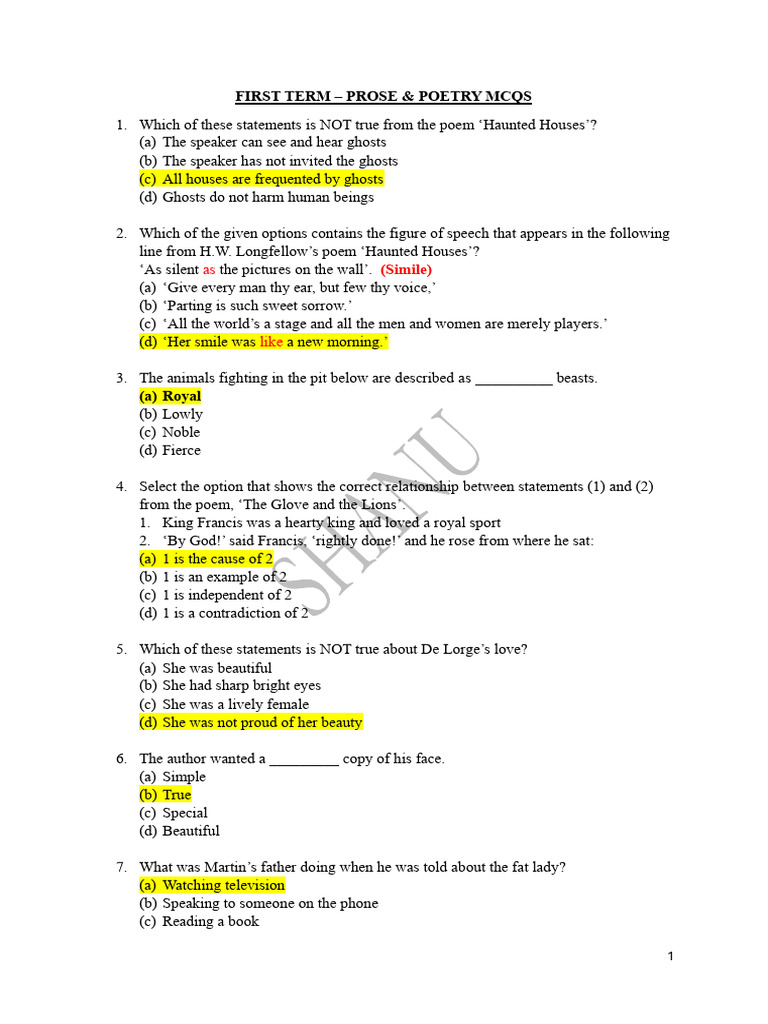 First Term (X) Prose&Poetry MCQ - ANS | PDF | Ghosts