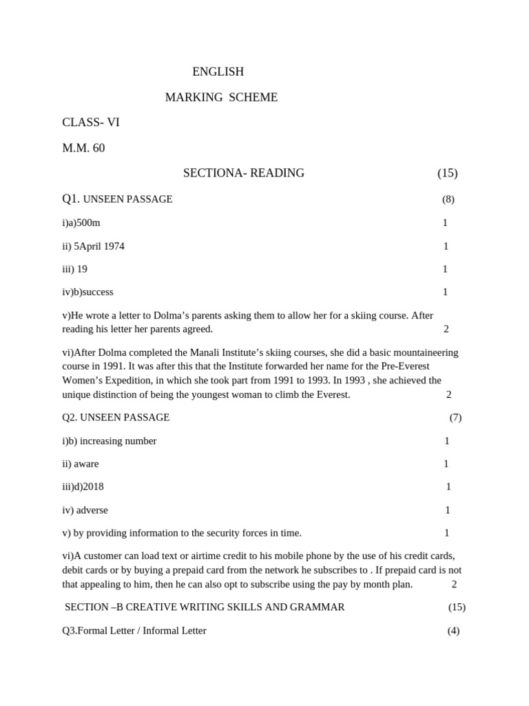 SEE MARKING SCHEME of SAMPLE PAPER ENGLISH CLASS VI | PDF | Herbs And ...