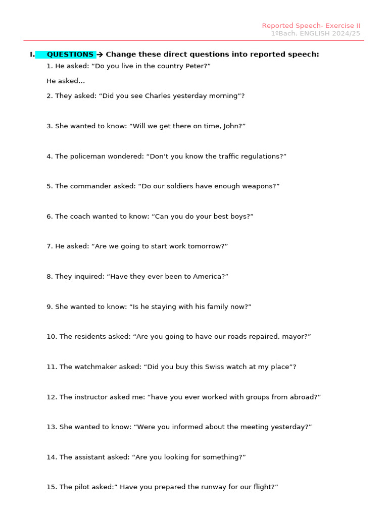 Exercise II - Reported Speech Questions 1ºbach | PDF