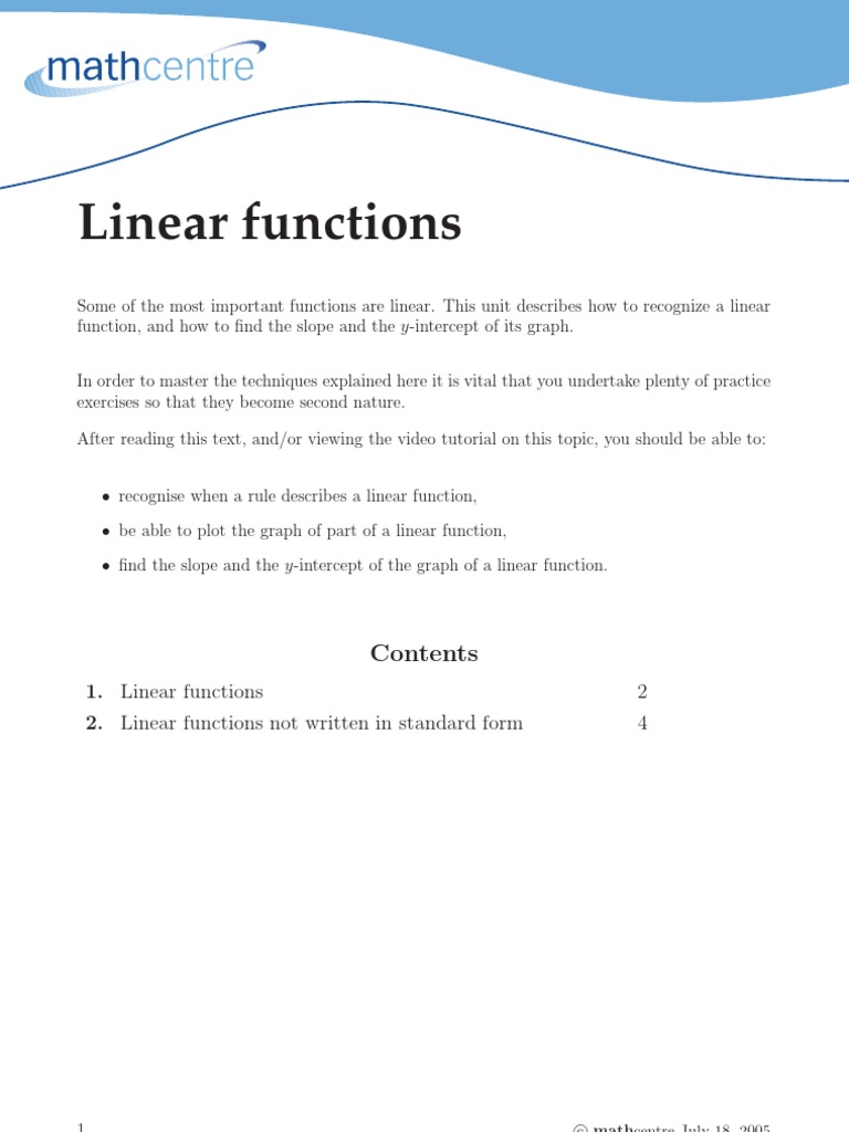 Linear Functions: 1. Linear Functions 2 2. Linear Functions Not Written in Standard Form 4 | PDF ...