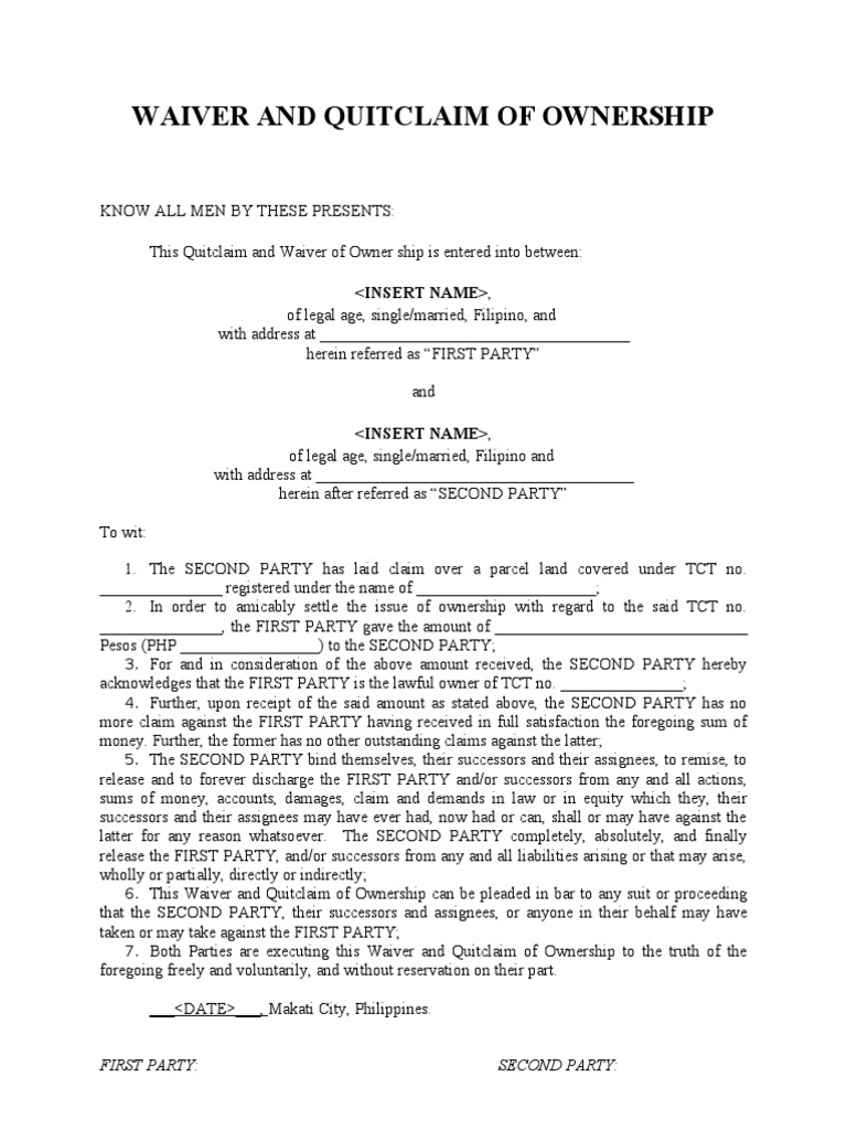 Waiver and Quitclaim of Ownership | PDF | Assignment (Law) | Civil Law ...