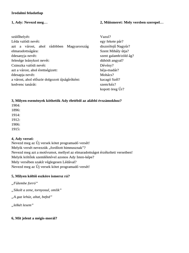 Irodalmi Feladatlap-Ady Endre | PDF