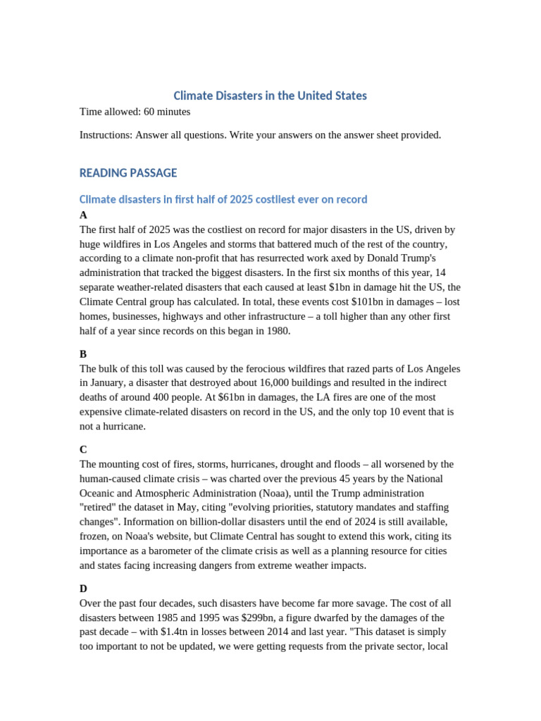 Reading Test Climate Disasters | PDF | Federal Emergency Management ...
