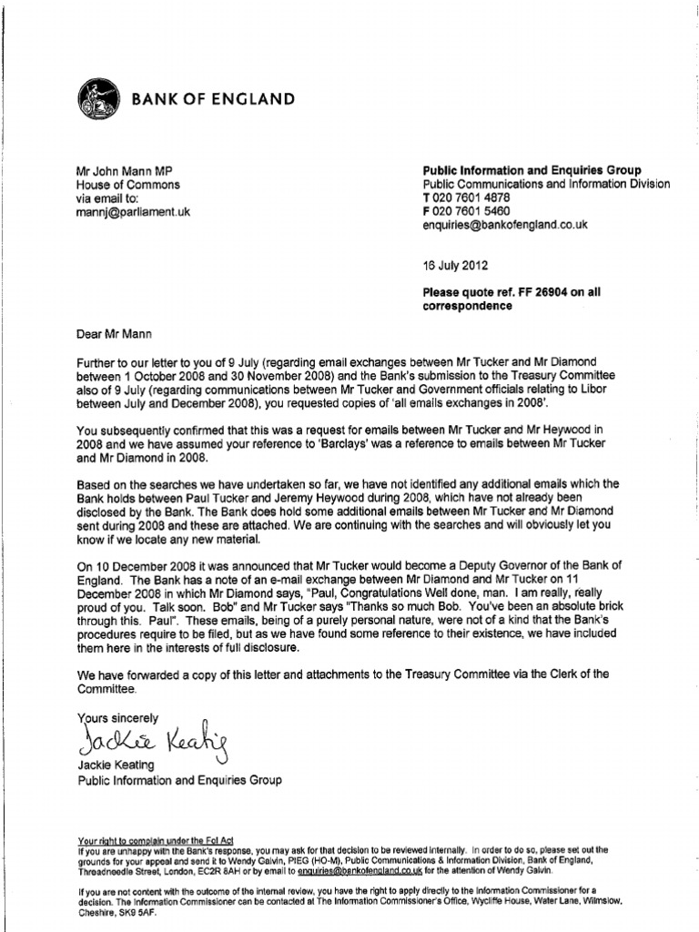 Bank of England Letter | PDF | Government