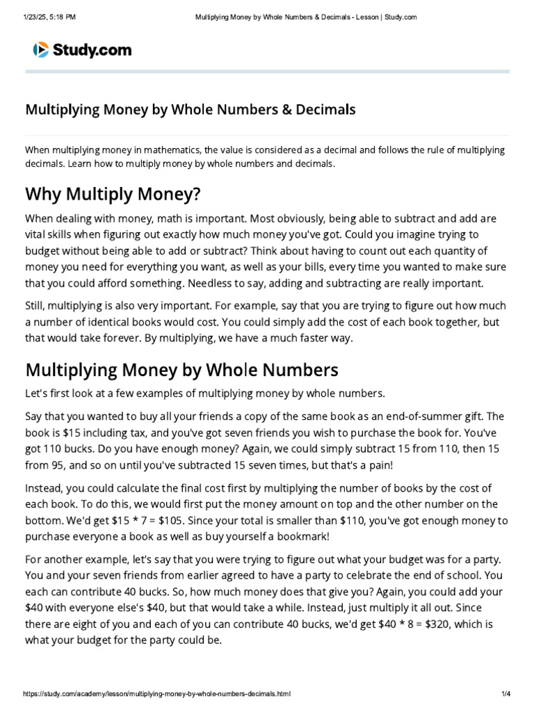 005 Multiplying Money by Whole Numbers & Decimals - Lesson - Study | PDF