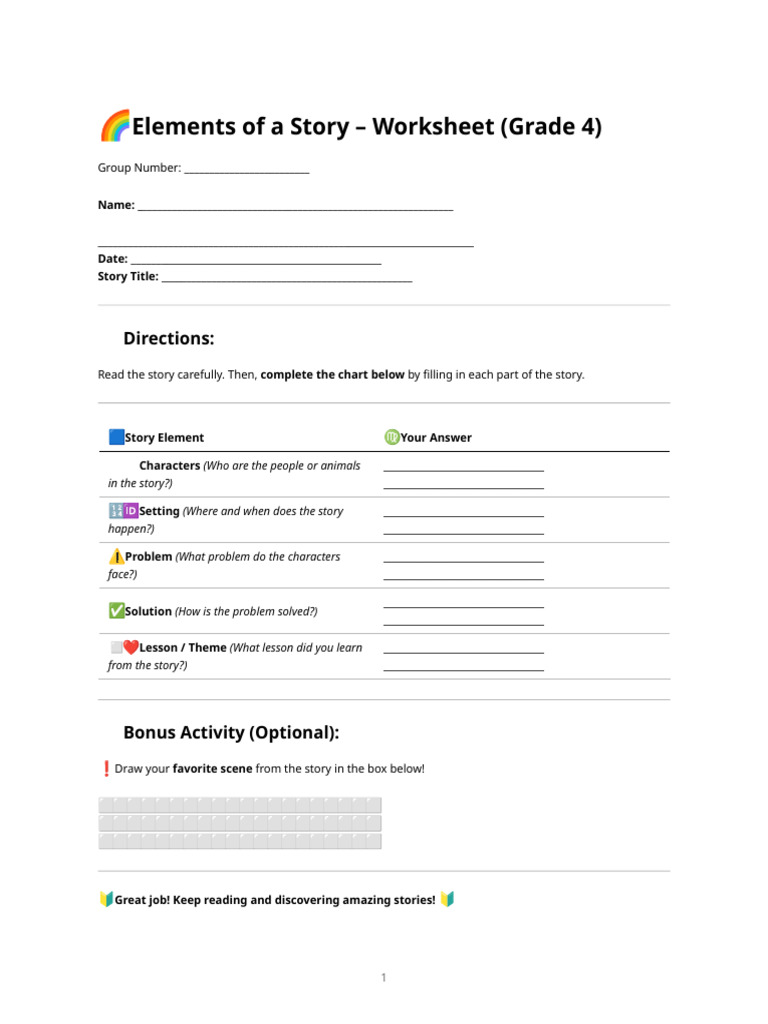 Elements of A Story - Grade 4 Worksheet | PDF