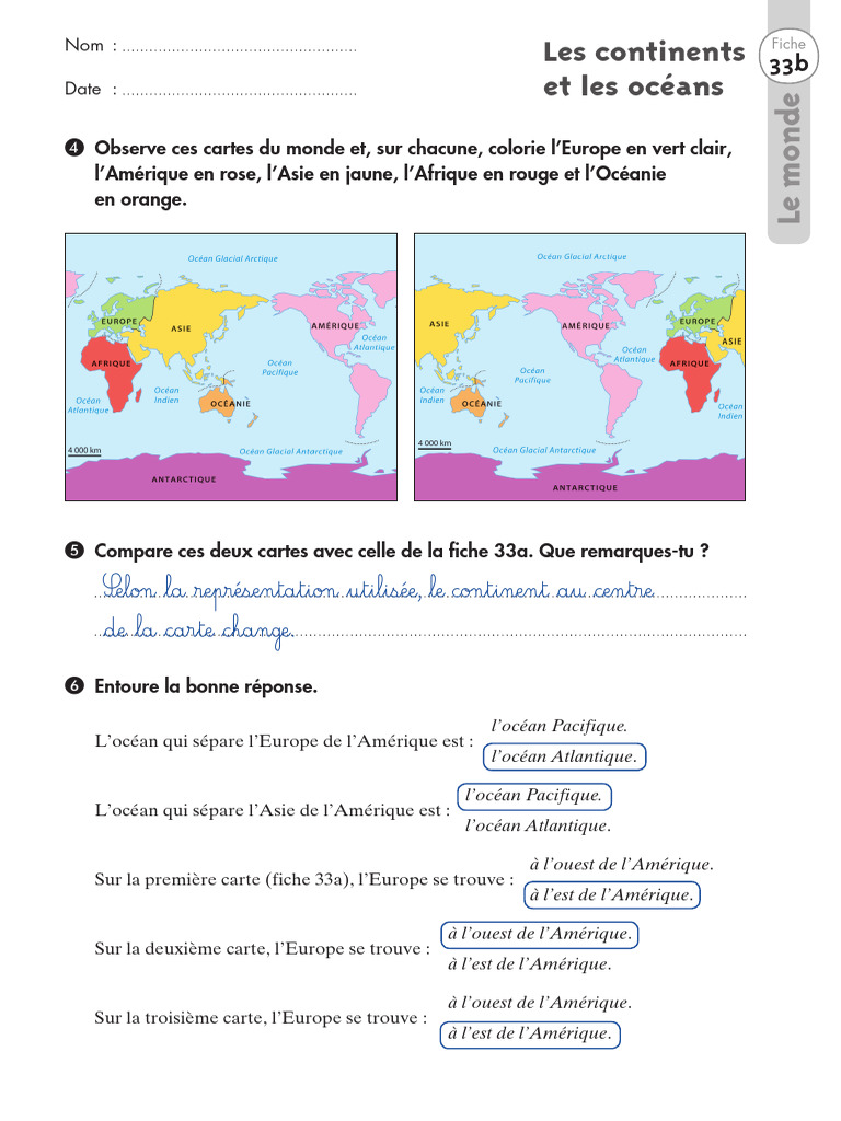 33b Les Continents Et Les Océans Correction | PDF