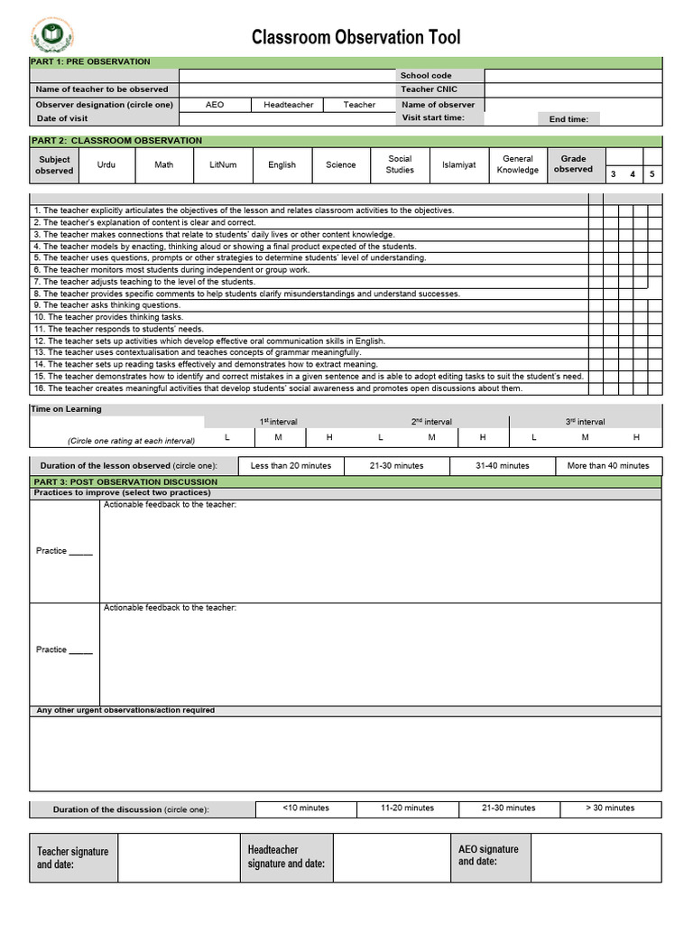 Classroom Observation Tool | PDF | Teachers | Behavior Modification