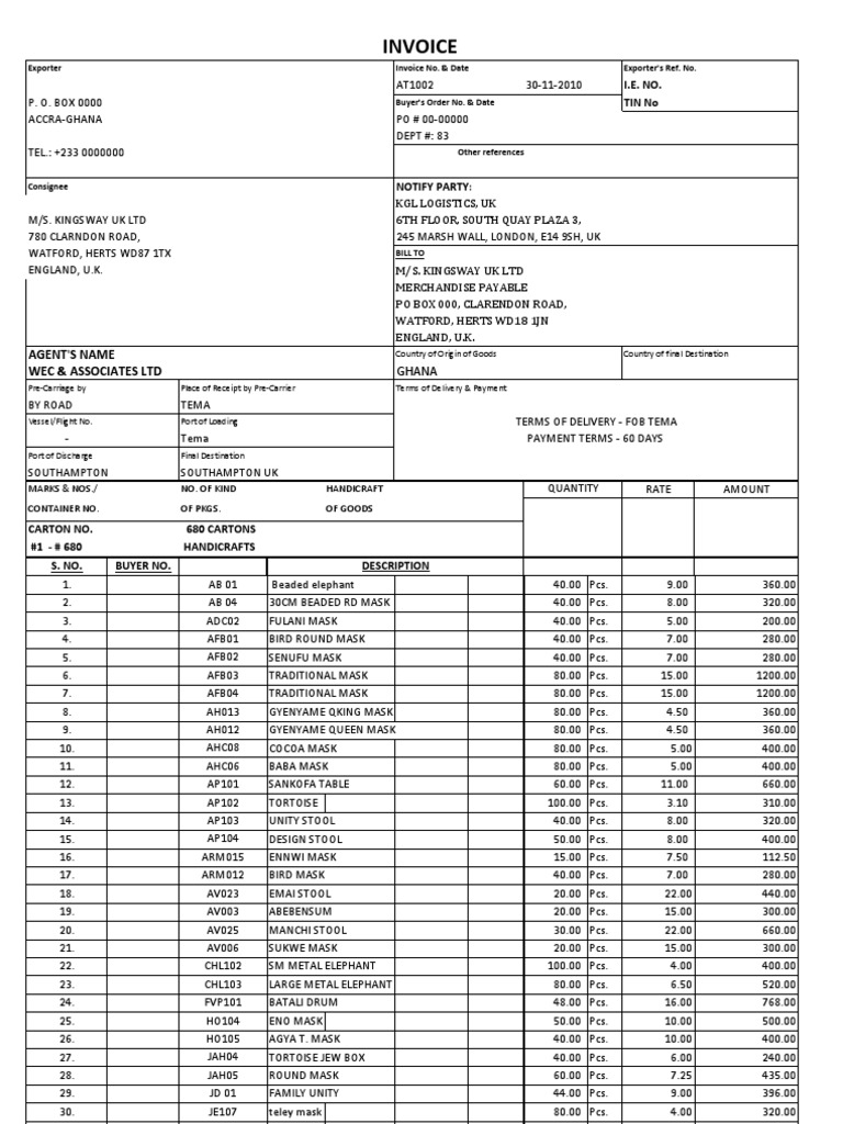 Ghana Handicrafts Export Invoice | PDF | Business Documents | Invoice