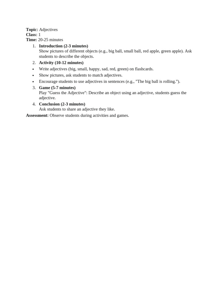 Adjectives Lesson Plan 1 | PDF