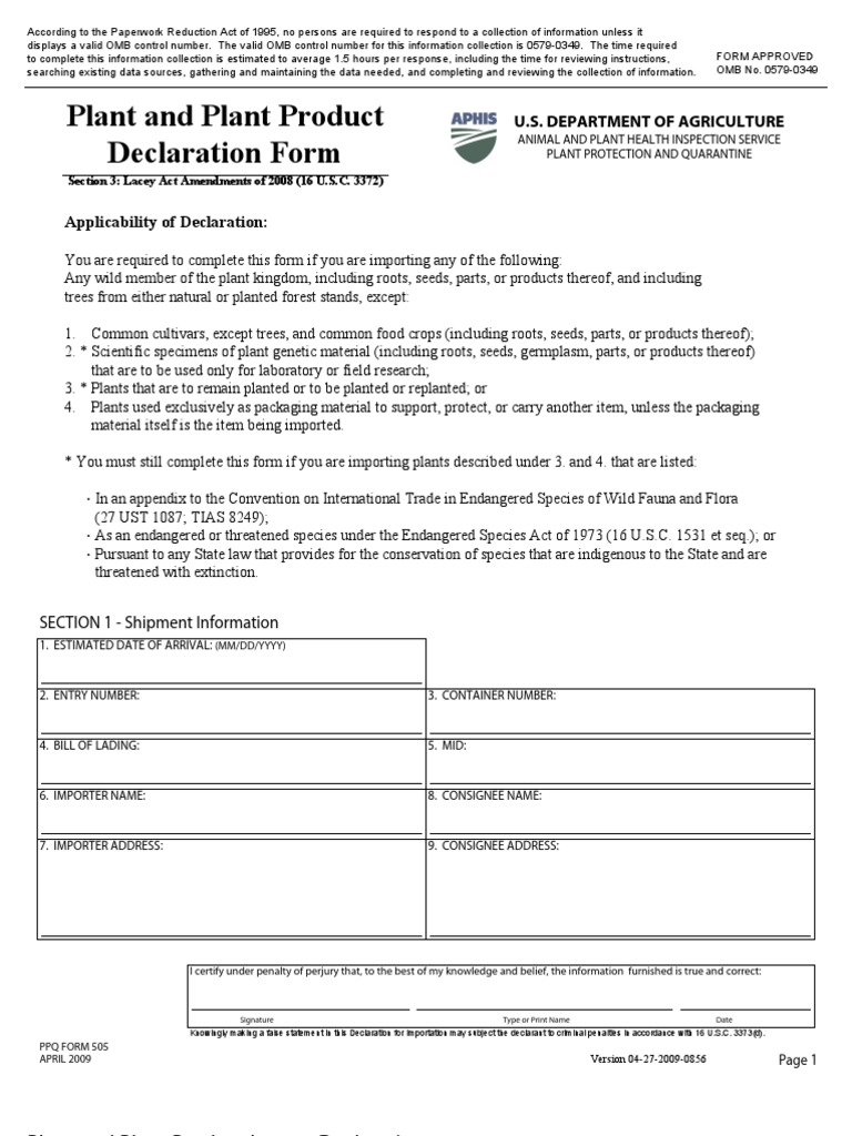 Plant and Plant Product Declaration Form: U.S. Department of ...