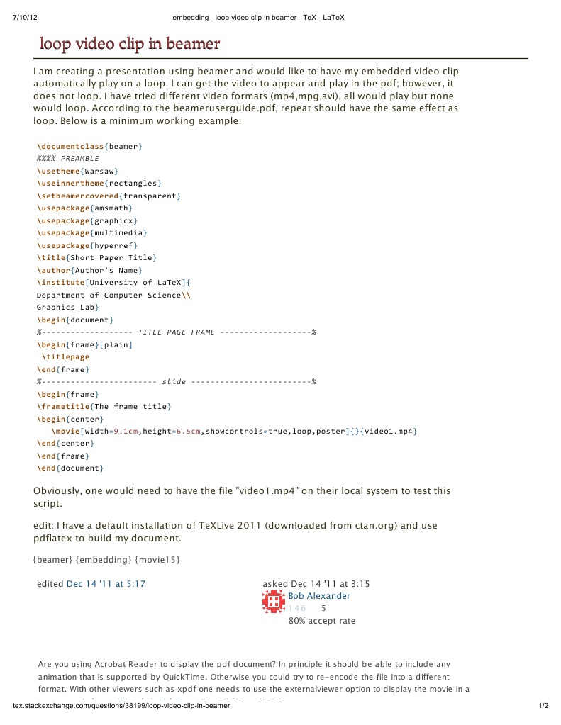 Embedding - Loop Video Clip in Beamer - TeX - LaTeX | PDF | Computer File Formats | Computer ...
