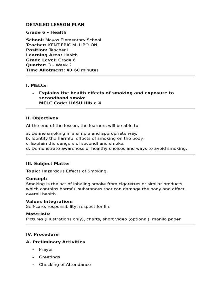 DETAILED LESSON PLAN Hazardous Effects of Smoking | PDF | Smoking ...